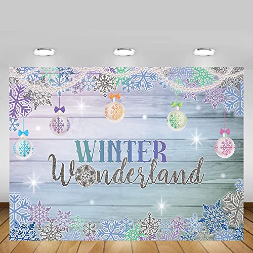 MEHOFOND 7x5ft Winter Wonderland Christmas Rustic Wood Backdrop for Photography Ice Blue Snowflake Boy Girl Birthday Background Baby Shower Party Decorations Photo Booth Props