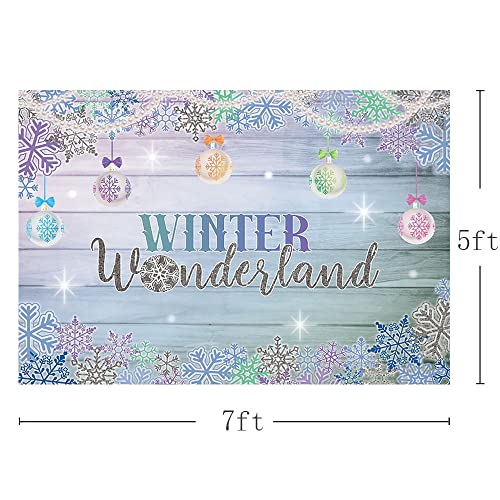 MEHOFOND 7x5ft Winter Wonderland Christmas Rustic Wood Backdrop for Photography Ice Blue Snowflake Boy Girl Birthday Background Baby Shower Party Decorations Photo Booth Props