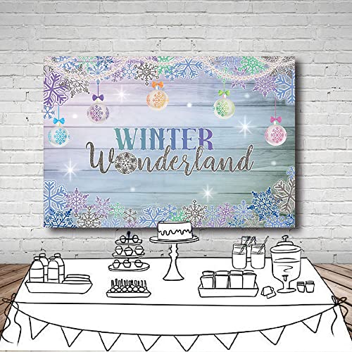 MEHOFOND 7x5ft Winter Wonderland Christmas Rustic Wood Backdrop for Photography Ice Blue Snowflake Boy Girl Birthday Background Baby Shower Party Decorations Photo Booth Props