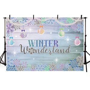 MEHOFOND 7x5ft Winter Wonderland Christmas Rustic Wood Backdrop for Photography Ice Blue Snowflake Boy Girl Birthday Background Baby Shower Party Decorations Photo Booth Props