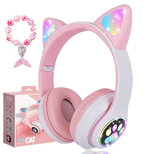 kuyaon Wireless Headphones for Kids, Cat Ear LED Light Up Bluetooth Kids Headphones with Microphone for School/Travel/Sports/Gaming/Gifts/Christmas (Pink)