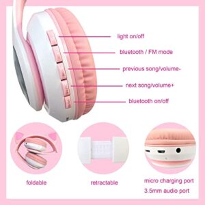 kuyaon Wireless Headphones for Kids, Cat Ear LED Light Up Bluetooth Kids Headphones with Microphone for School/Travel/Sports/Gaming/Gifts/Christmas (Pink)