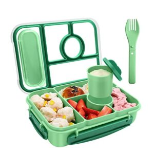 amathley bento box adult lunch box,lunch box kids,lunch containers for adults/kids/toddler,5 compartments bento lunch box for kids with sauce vontainers,microwave & dishwasher & freezer safe, bpa free(green)