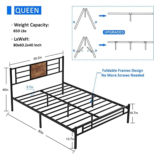 VECELO Queen Platform Bed Frame with Headboard, Heavy-Duty Mattress Foundation with Steel Slats Support, No Box Spring Needed/Easy Assembly, Black