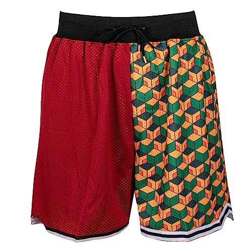 Men's Basketball Shorts Workout Gym Knee Pants with Pockets Athletic Walking Red Square Splicing Shorts M