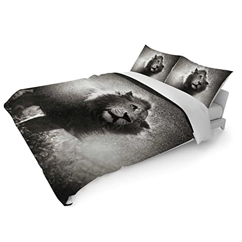 Duvet Cover Sets California King -Lion Animal Black White-Bedding Comforter Set Breathable SetsSoft Microfiber 3 Pcs