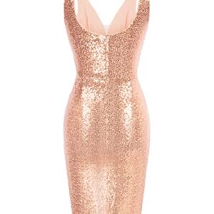 GRACE KARIN Women Deep V Neck Party Mini Dress U Back Sequin Irregular Hem Evening Dress Rose Gold