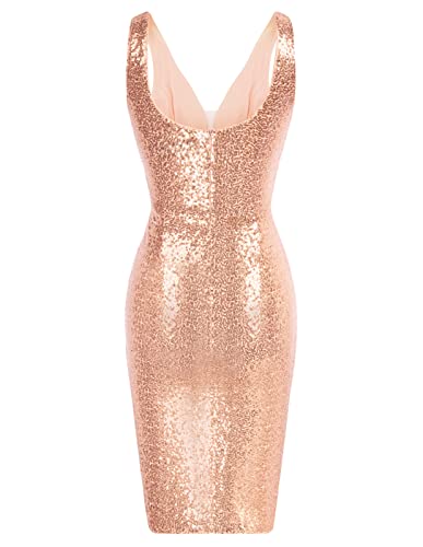 GRACE KARIN Women Deep V Neck Party Mini Dress U Back Sequin Irregular Hem Evening Dress Rose Gold