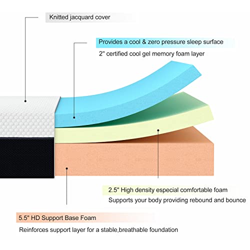 IYEE NATURE Short Queen Size Mattress, 10 Inch Cooling-Gel Memory Foam Mattress Bed in a Box, Supportive & Pressure Relief with Breathable Soft Fabric Cover, Medium Firm Feel,Black