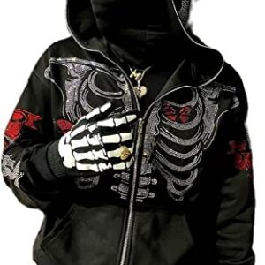 Creaion Rhinestone Butterfly Skeleton Hoodie Y2k Full Zip Up Hoodies for Men over Face Graphic Skull Rib Cage Casual Aesthetic Goth Hood Sweatshirt Jacket