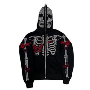 Creaion Rhinestone Butterfly Skeleton Hoodie Y2k Full Zip Up Hoodies for Men over Face Graphic Skull Rib Cage Casual Aesthetic Goth Hood Sweatshirt Jacket