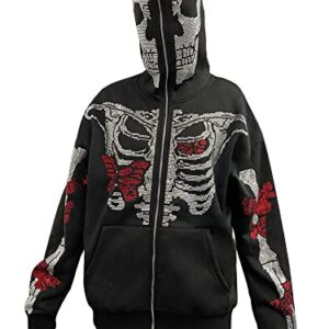 Creaion Rhinestone Butterfly Skeleton Hoodie Y2k Full Zip Up Hoodies for Men over Face Graphic Skull Rib Cage Casual Aesthetic Goth Hood Sweatshirt Jacket