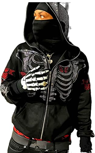 Creaion Rhinestone Butterfly Skeleton Hoodie Y2k Full Zip Up Hoodies for Men over Face Graphic Skull Rib Cage Casual Aesthetic Goth Hood Sweatshirt Jacket