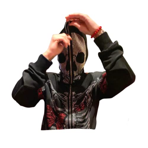 Creaion Rhinestone Butterfly Skeleton Hoodie Y2k Full Zip Up Hoodies for Men over Face Graphic Skull Rib Cage Casual Aesthetic Goth Hood Sweatshirt Jacket