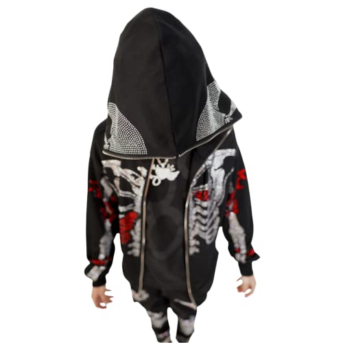 Creaion Rhinestone Butterfly Skeleton Hoodie Y2k Full Zip Up Hoodies for Men over Face Graphic Skull Rib Cage Casual Aesthetic Goth Hood Sweatshirt Jacket