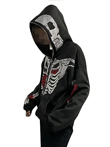 Creaion Rhinestone Butterfly Skeleton Hoodie Y2k Full Zip Up Hoodies for Men over Face Graphic Skull Rib Cage Casual Aesthetic Goth Hood Sweatshirt Jacket