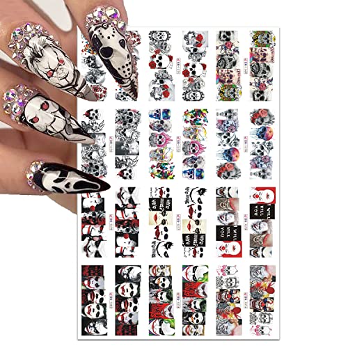 24 Sheets Halloween Water Transfer Nail Art Stickers Decals Punk Skull Grimace Eye Spider Clown Nail Foil Transfer Stickers Designs Holiday Halloween Nail Stickers for Women Girls Nail Art Decoration