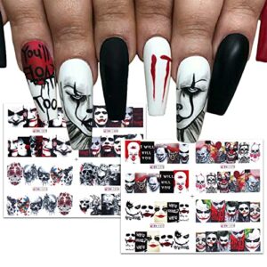 24 Sheets Halloween Water Transfer Nail Art Stickers Decals Punk Skull Grimace Eye Spider Clown Nail Foil Transfer Stickers Designs Holiday Halloween Nail Stickers for Women Girls Nail Art Decoration