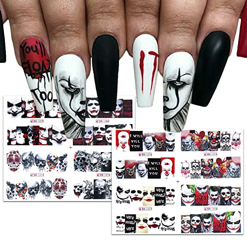 24 Sheets Halloween Water Transfer Nail Art Stickers Decals Punk Skull Grimace Eye Spider Clown Nail Foil Transfer Stickers Designs Holiday Halloween Nail Stickers for Women Girls Nail Art Decoration