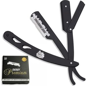 the shave factory straight edge razor kit - straight edge razor with single edge razor, straight razor, straight razors for men (black / 100 derby premium single edge razor blades)