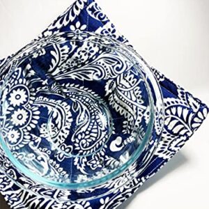 Best in Blue Cotton Print Microwave Bowl Cozy - 8.5 inches for up to 8 inch bowls - Home Made in Texas, USA (Mercy Paisley - Navy & White)