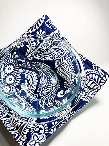 Best in Blue Cotton Print Microwave Bowl Cozy - 8.5 inches for up to 8 inch bowls - Home Made in Texas, USA (Mercy Paisley - Navy & White)