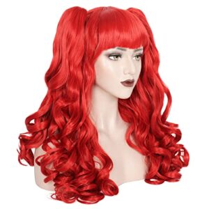 WeKen Long Curly Red Cosplay Wig with Pigtails Lolita Detachable Ponytail Wig for Women Girls Halloween Costume Party