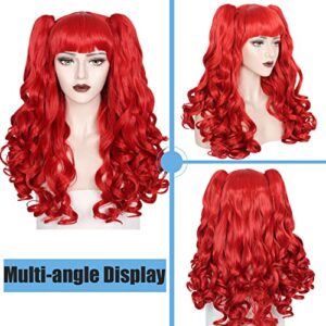 WeKen Long Curly Red Cosplay Wig with Pigtails Lolita Detachable Ponytail Wig for Women Girls Halloween Costume Party