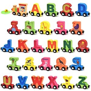 atoylink 27 pcs wooden train cars set toddlers magnetic alphabet animal train toy kids boys girls letter cars montessori educational toys for age 3 4 5 6 7 8