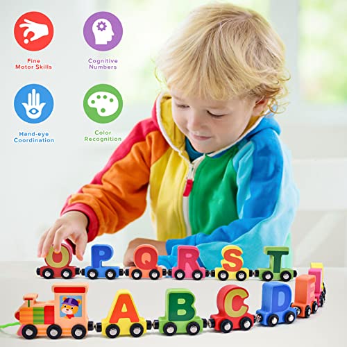 Atoylink 27 Pcs Wooden Train Cars Set Toddlers Magnetic Alphabet Animal Train Toy Kids Boys Girls Letter Cars Montessori Educational Toys for Age 3 4 5 6 7 8