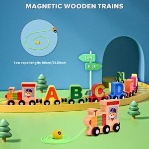 Atoylink 27 Pcs Wooden Train Cars Set Toddlers Magnetic Alphabet Animal Train Toy Kids Boys Girls Letter Cars Montessori Educational Toys for Age 3 4 5 6 7 8