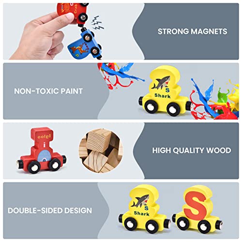 Atoylink 27 Pcs Wooden Train Cars Set Toddlers Magnetic Alphabet Animal Train Toy Kids Boys Girls Letter Cars Montessori Educational Toys for Age 3 4 5 6 7 8