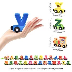 Atoylink 27 Pcs Wooden Train Cars Set Toddlers Magnetic Alphabet Animal Train Toy Kids Boys Girls Letter Cars Montessori Educational Toys for Age 3 4 5 6 7 8