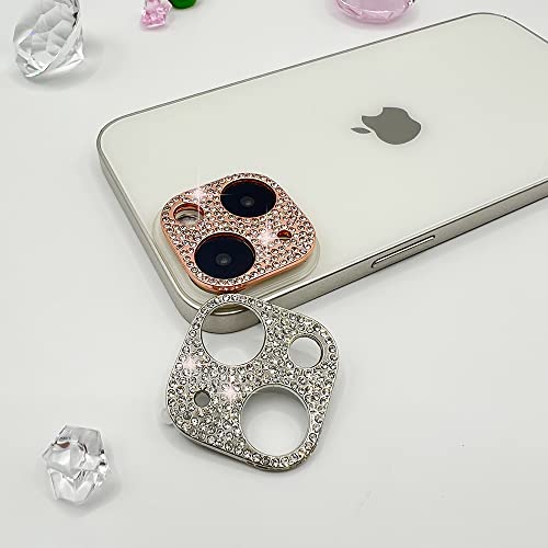 GSRYPC 2 Pack Camera Lens Protector Compatible with iPhone iPhone 14/14 Plus&iPhone 15/15Plus 3D Glitter Bling Diamond Camera Lens Cover Sticker Protector (14/14 Plus&15/15Plus -Silver+Rose Gold)