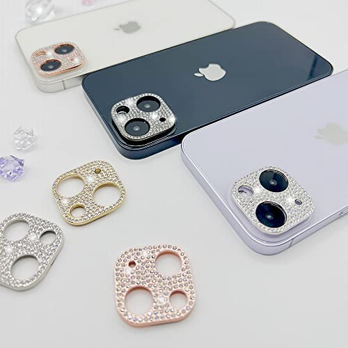 GSRYPC 2 Pack Camera Lens Protector Compatible with iPhone iPhone 14/14 Plus&iPhone 15/15Plus 3D Glitter Bling Diamond Camera Lens Cover Sticker Protector (14/14 Plus&15/15Plus -Silver+Rose Gold)