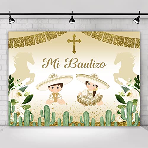 Mi Bautizo Backdrop Boy or Girl First Communion Christening Background Green Cactus Horse Cross Newborn Baby Shower Party Decoration Picture Decor Gold Baptism Banner 7x5ft, LH0D433UU