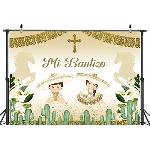 Mi Bautizo Backdrop Boy or Girl First Communion Christening Background Green Cactus Horse Cross Newborn Baby Shower Party Decoration Picture Decor Gold Baptism Banner 7x5ft, LH0D433UU