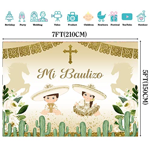 Mi Bautizo Backdrop Boy or Girl First Communion Christening Background Green Cactus Horse Cross Newborn Baby Shower Party Decoration Picture Decor Gold Baptism Banner 7x5ft, LH0D433UU