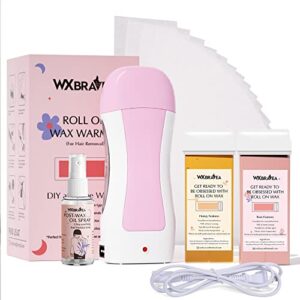 roll on wax kit, wx bravea wax roller roll on wax warmer for hair removal, soft wax depilatory wax for sensitive skin, 1 rose wax&1 honey wax for brazilian wax, 100 wax strips&1 post wax oil for women and men