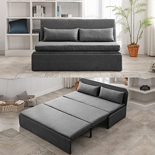 Mjkone Pull Out Sofa Bed, 2-in-1 Modern Pull Out Linen Sleeper Sofa Couch, Twin Size Revesible Couch Bed with Cushions&Throw Pillows for Small Place/Apartment/Living Room/Office/Studio (Dark Gray)