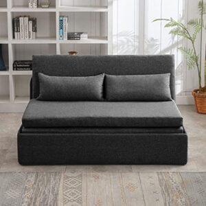 Mjkone Pull Out Sofa Bed, 2-in-1 Modern Pull Out Linen Sleeper Sofa Couch, Twin Size Revesible Couch Bed with Cushions&Throw Pillows for Small Place/Apartment/Living Room/Office/Studio (Dark Gray)