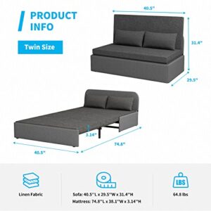 Mjkone Pull Out Sofa Bed, 2-in-1 Modern Pull Out Linen Sleeper Sofa Couch, Twin Size Revesible Couch Bed with Cushions&Throw Pillows for Small Place/Apartment/Living Room/Office/Studio (Dark Gray)