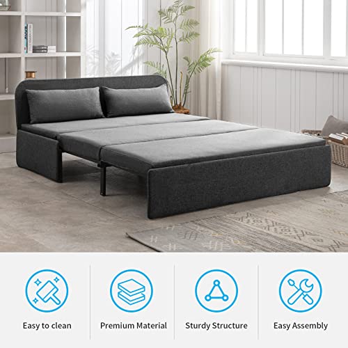 Mjkone Pull Out Sofa Bed, 2-in-1 Modern Pull Out Linen Sleeper Sofa Couch, Twin Size Revesible Couch Bed with Cushions&Throw Pillows for Small Place/Apartment/Living Room/Office/Studio (Dark Gray)