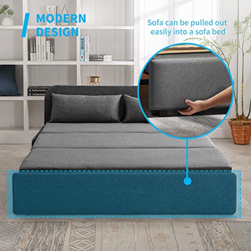 Mjkone Pull Out Sofa Bed, 2-in-1 Modern Pull Out Linen Sleeper Sofa Couch, Twin Size Revesible Couch Bed with Cushions&Throw Pillows for Small Place/Apartment/Living Room/Office/Studio (Dark Gray)