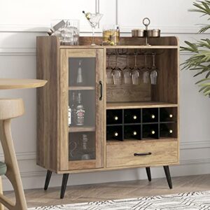 sogeshome wine cabinet with 1-glass door&drawer, 3-tier storage cabinet with 8-wine cubes, home wine storage sideboard with bottle holder for entryway, living room, kitchen, restaurant, caro oak