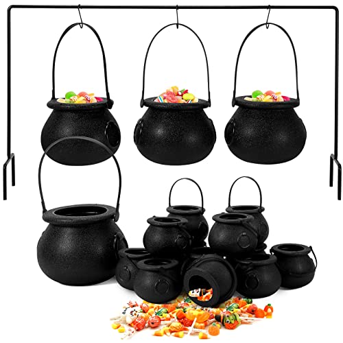 Sawysine Halloween Party Decorations Candy Bucket, 17 Pcs Witches Cauldron Serving Bowls on Rack 2 Size Candy Cauldron Kettles