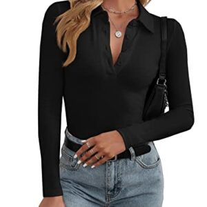 Verdusa Women's Casual Polo Neck Long Sleeve Ribbed Knit Button Up Tee T Shirt Top Black S