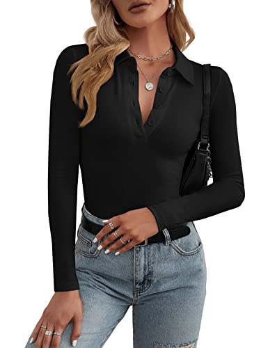 Verdusa Women's Casual Polo Neck Long Sleeve Ribbed Knit Button Up Tee T Shirt Top Black S