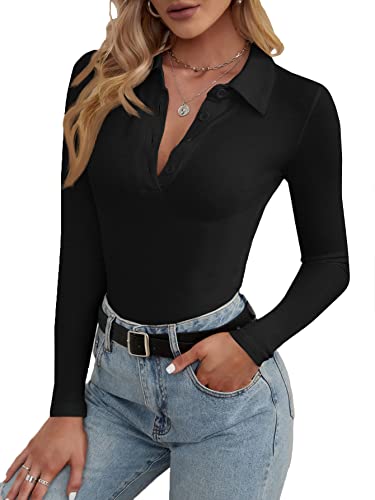 Verdusa Women's Casual Polo Neck Long Sleeve Ribbed Knit Button Up Tee T Shirt Top Black S