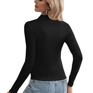 Verdusa Women's Casual Polo Neck Long Sleeve Ribbed Knit Button Up Tee T Shirt Top Black S